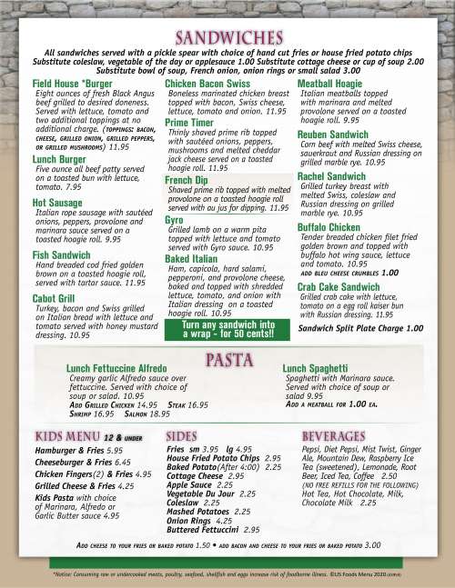 Field house Restaurant menu in Cabot, Pennsylvania, USA