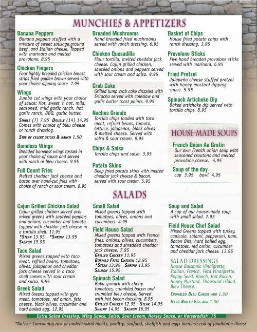 Field house Restaurant menu in Cabot, Pennsylvania, USA