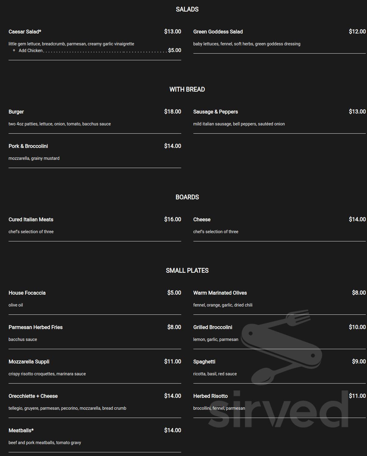 Bacchus Bar menu in Portland, Oregon, USA