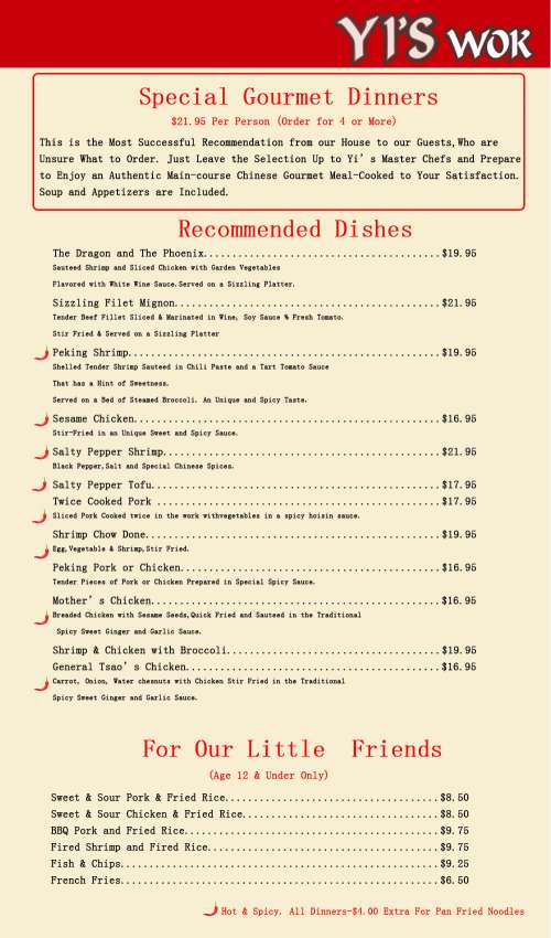 Yi's Wok menu in Redmond, Oregon, USA