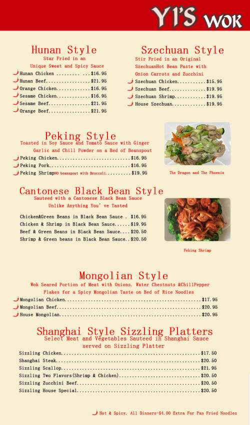 Yi's Wok menu in Redmond, Oregon, USA