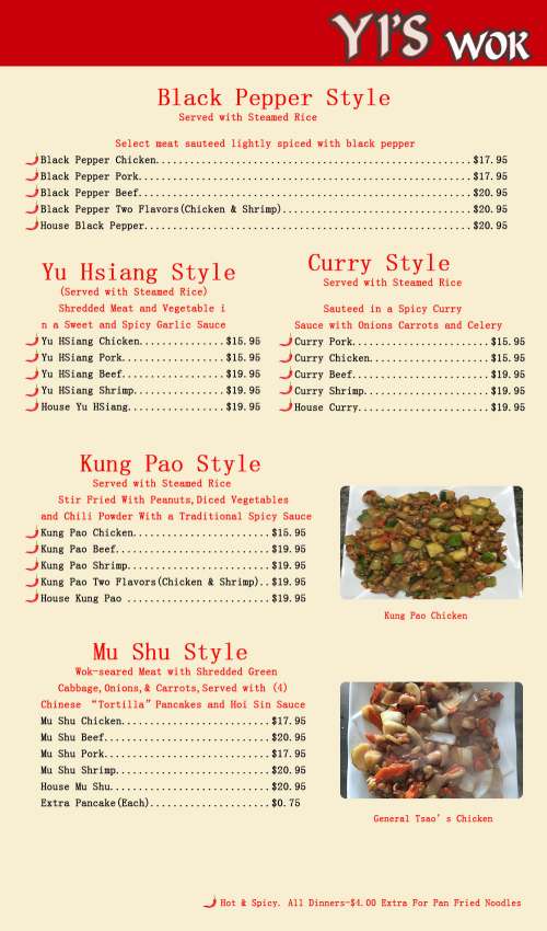 Yi's Wok menu in Redmond, Oregon, USA