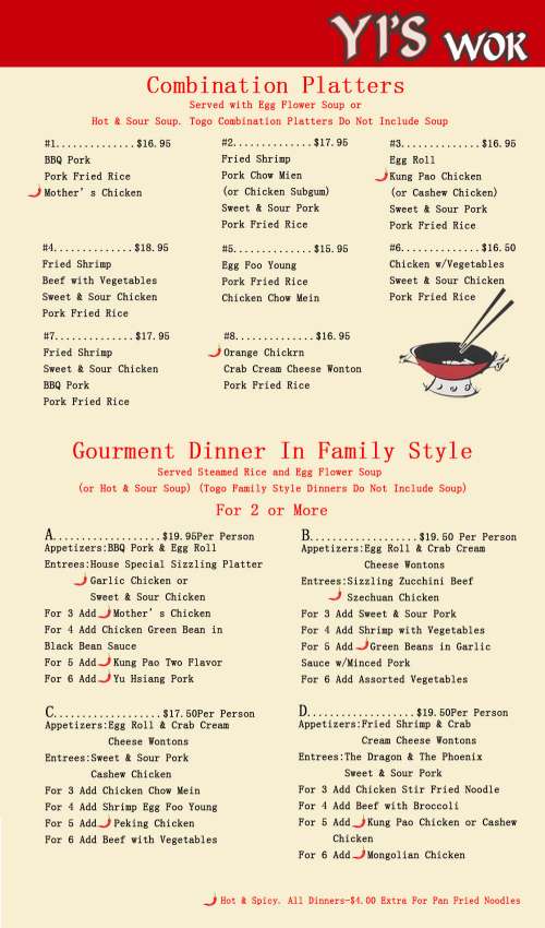 Yi's Wok menu in Redmond, Oregon, USA