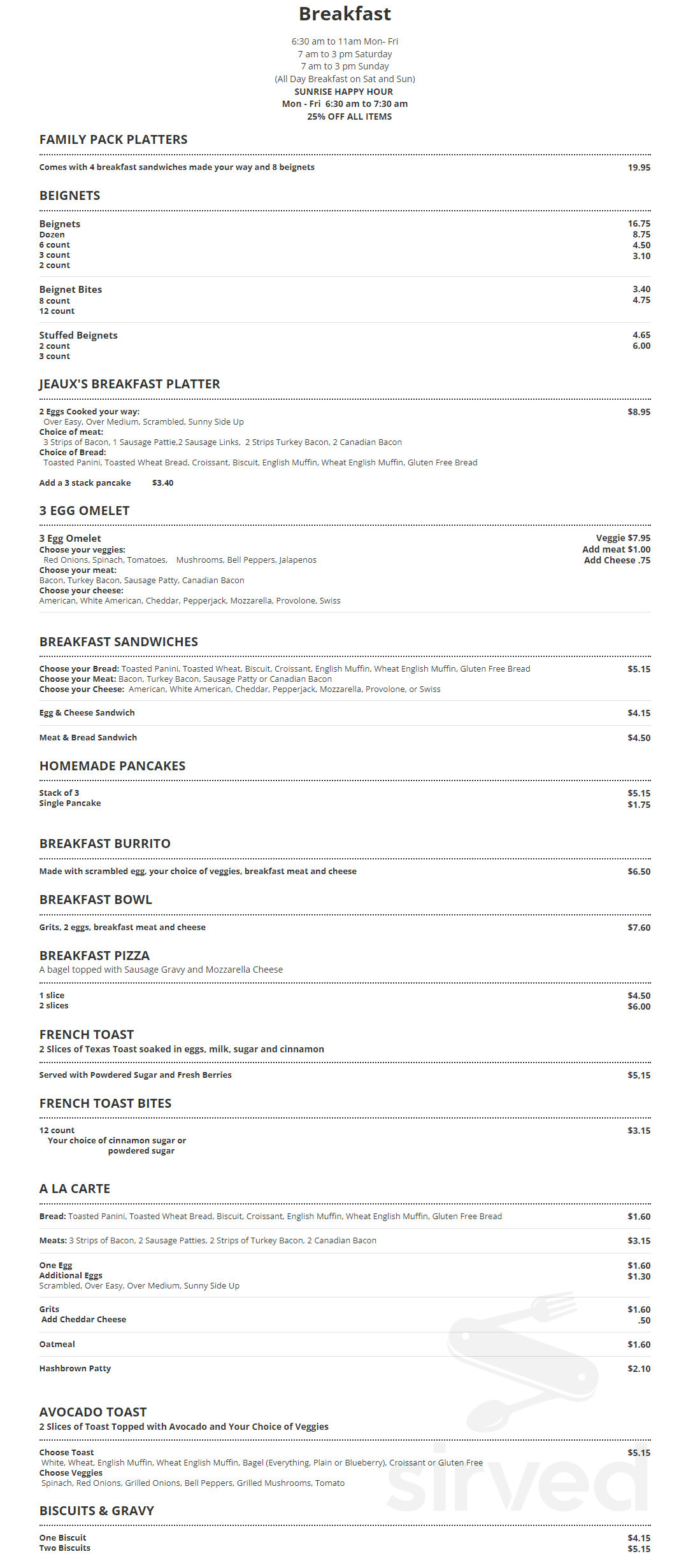 Menu for Downtown Jeaux in Houma, LA | Sirved