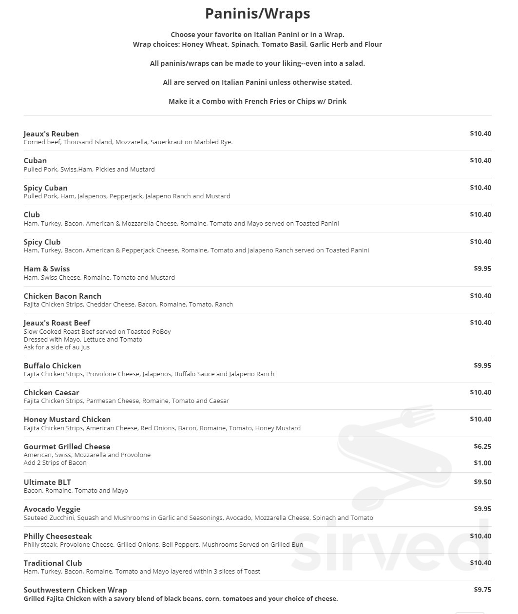 Menu for Downtown Jeaux in Houma, LA | Sirved