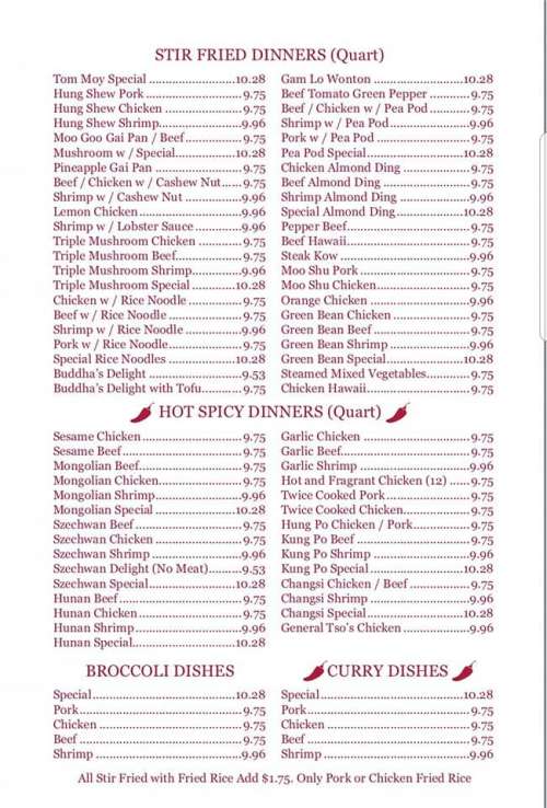 Tom Moy Cafe menu in Cottage Grove, Minnesota, USA