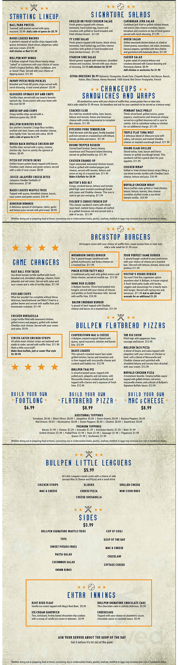 Menu for The Bullpen on 135th Bar & Grill in Overland Park, KS | Sirved