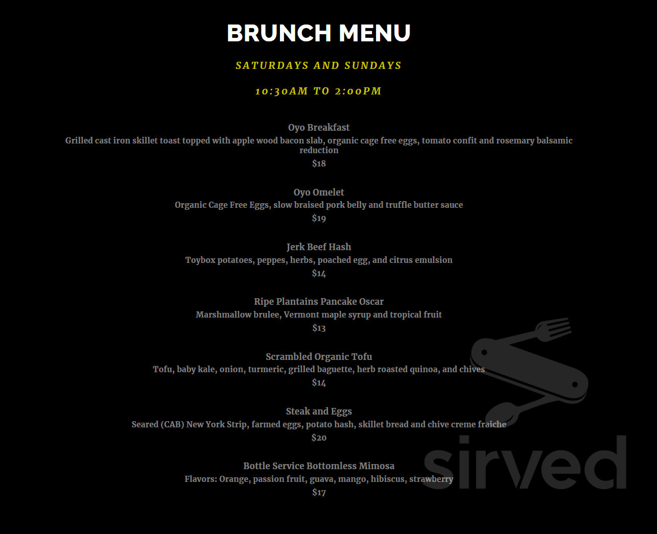 Oyo menu in Pleasanton, California, USA