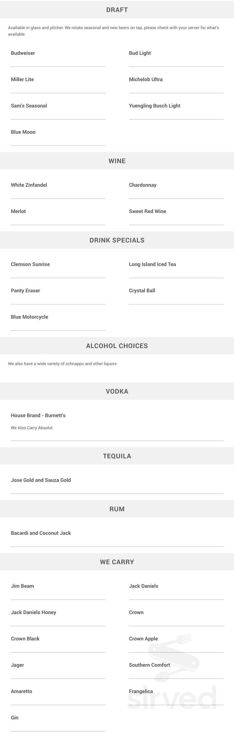 Shawkers Grill & Bar menu in Rock Hill, South Carolina, USA