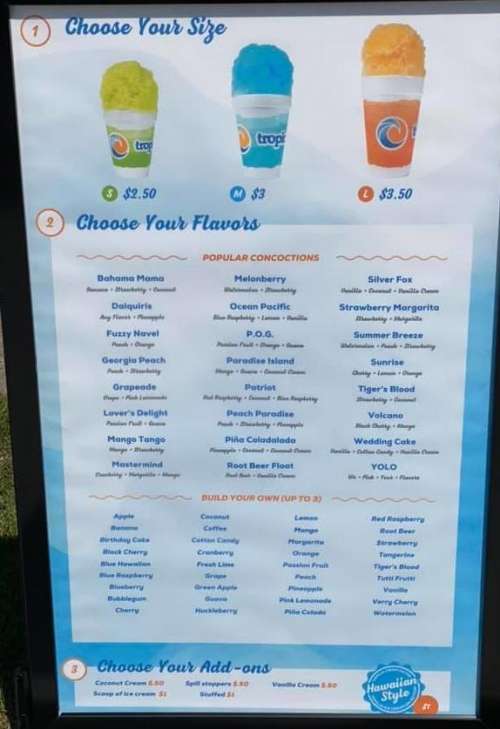Bryce's Tropical Sno menu in Baker, Louisiana, USA
