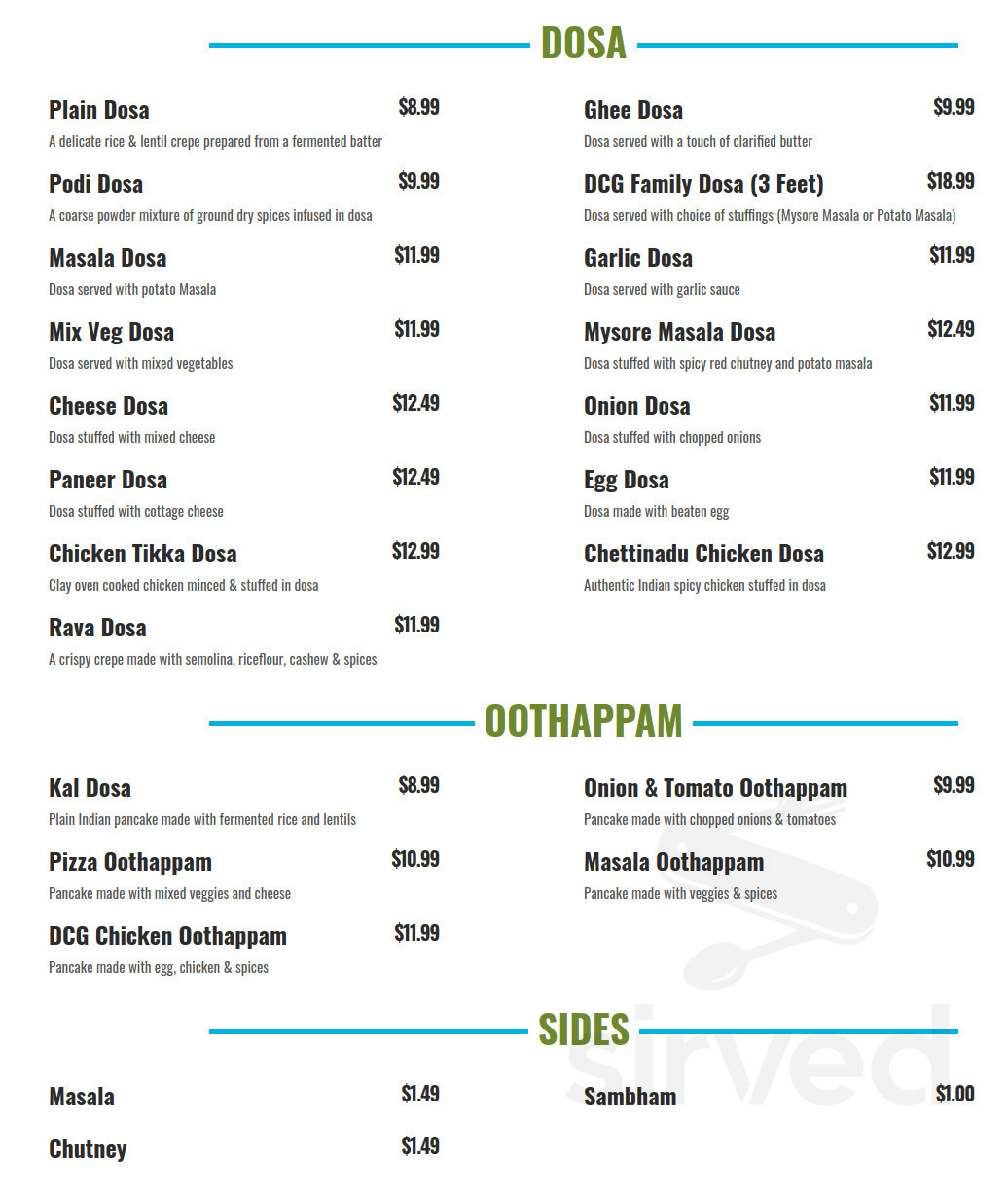 Dosa & Curry Garden menu in Regina, Saskatchewan, Canada