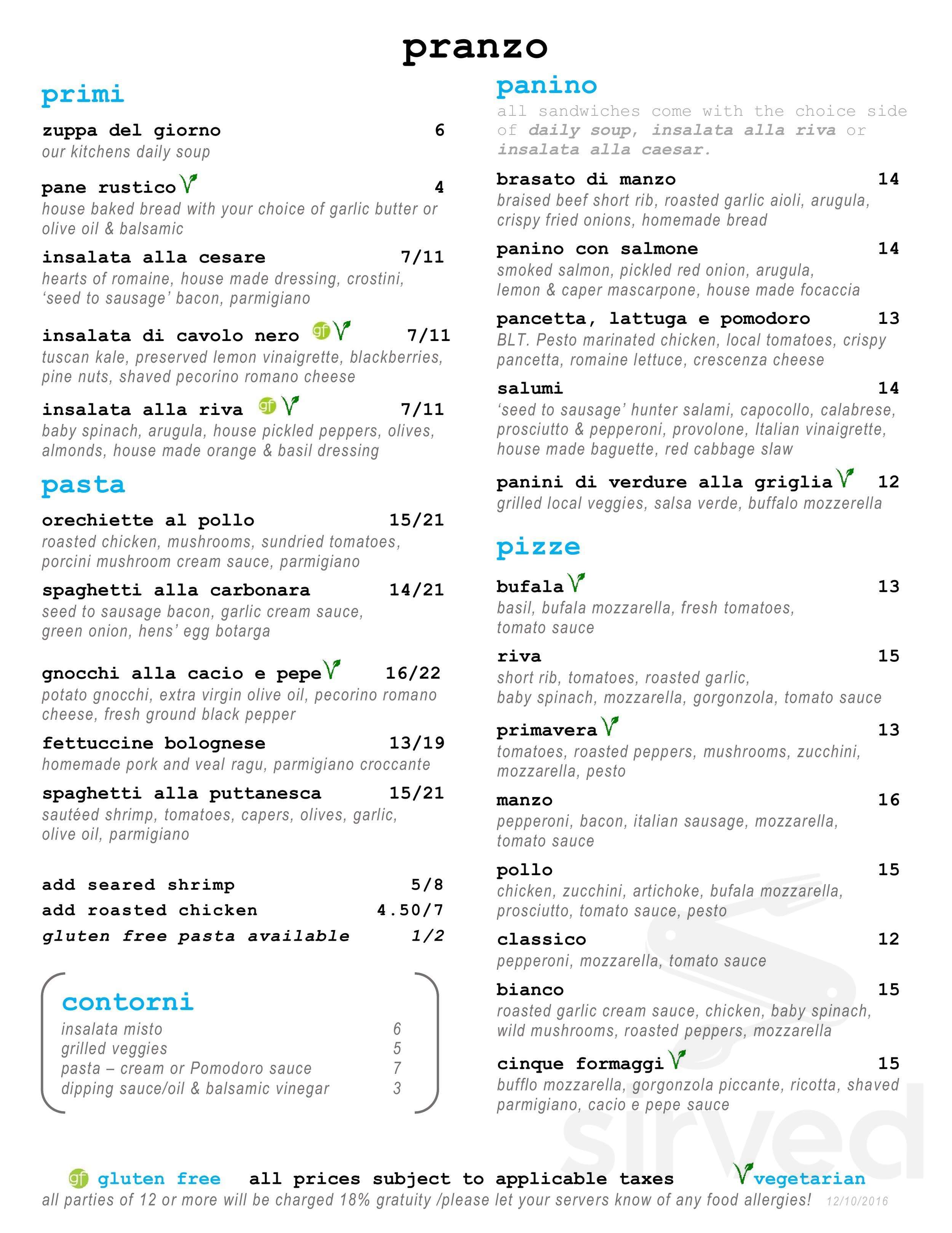 Riva menu in Gananoque, Ontario, Canada