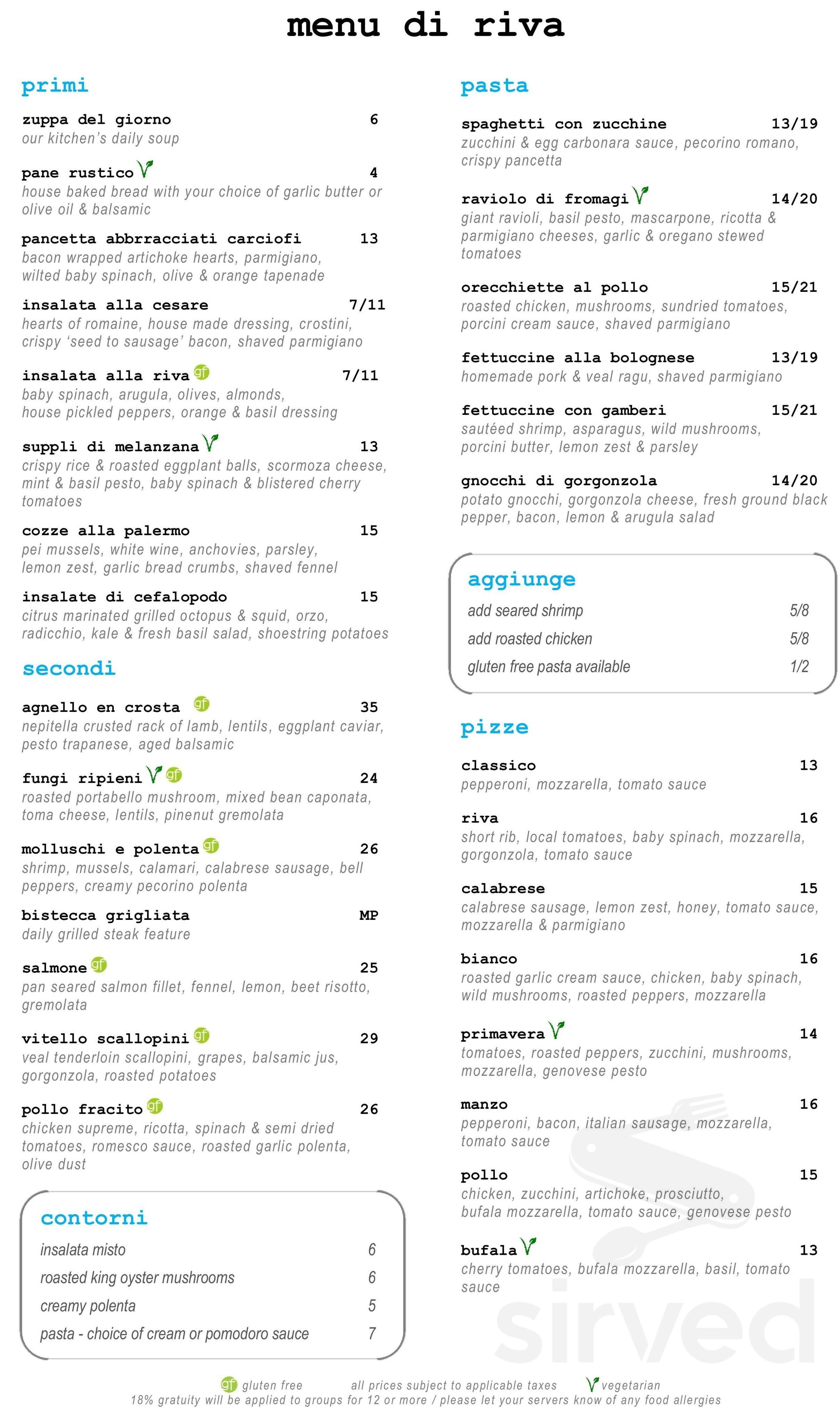 Riva menu in Gananoque, Ontario, Canada