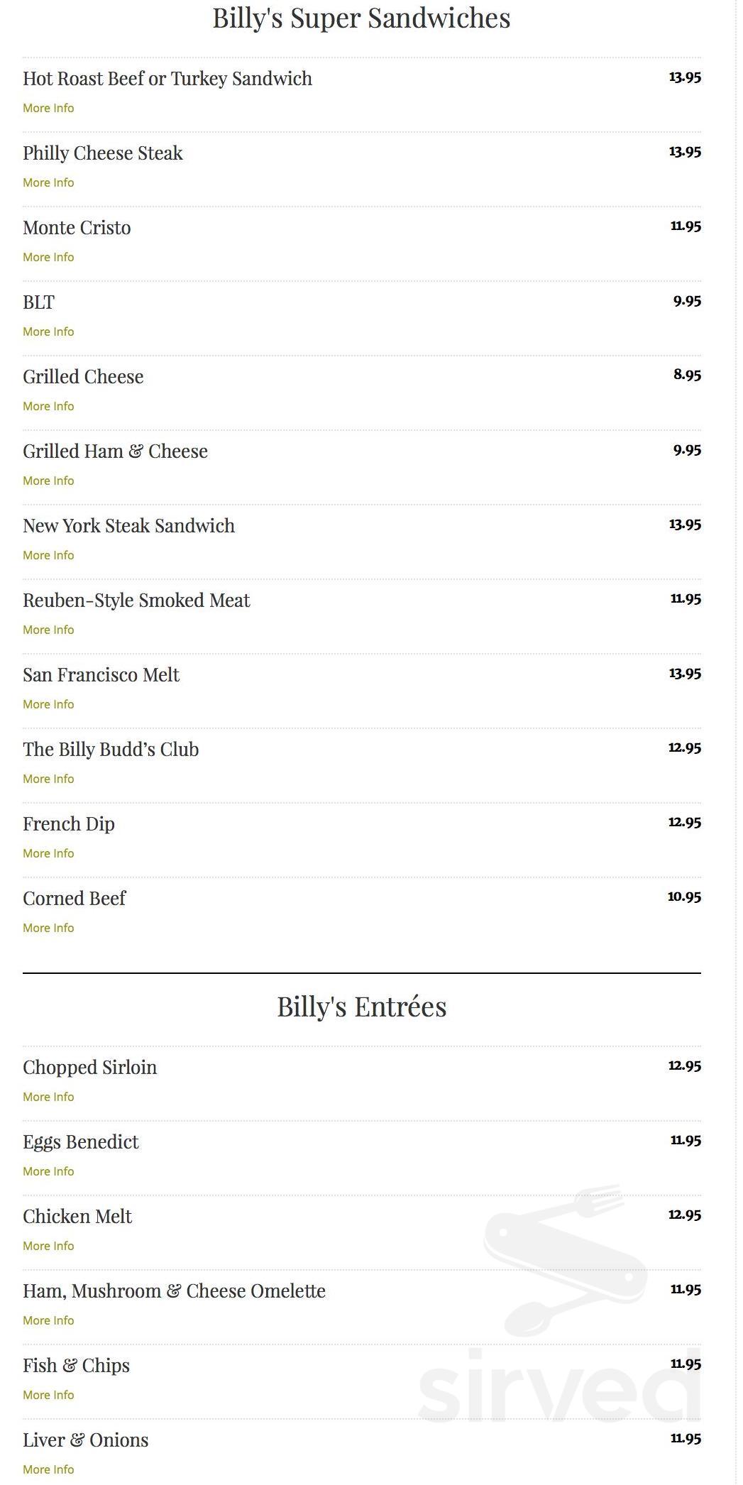 Billy Budd's Lounge menus in Edmonton, Alberta, Canada