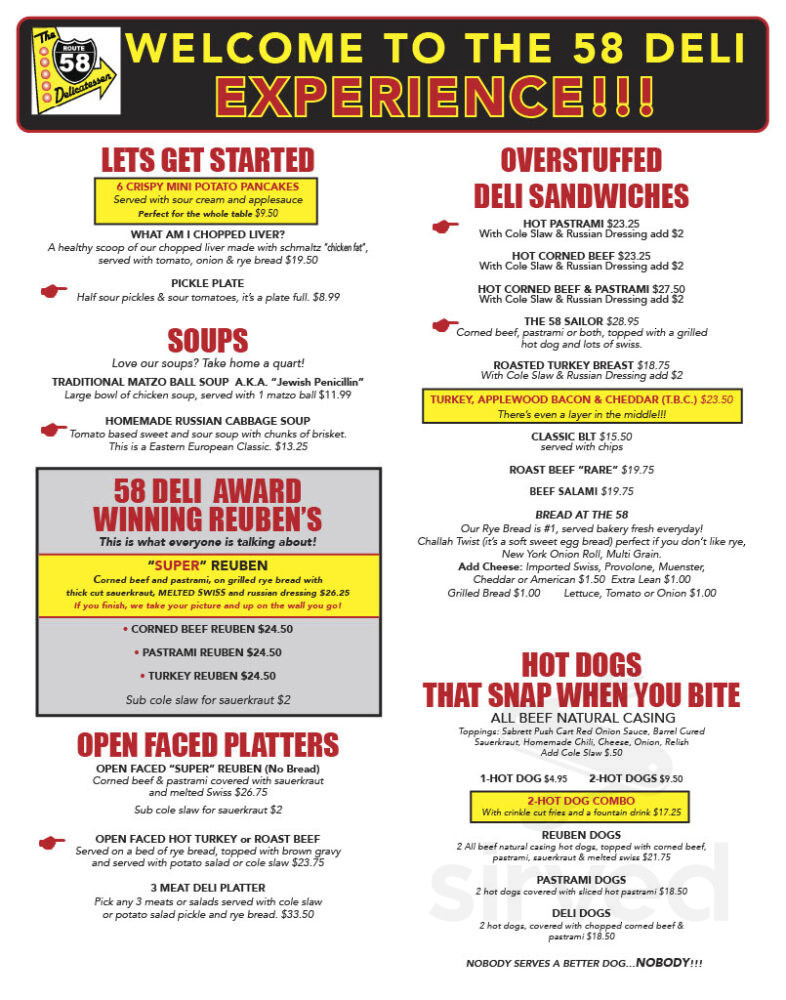 Menu - Virginia Beach VA's The Route 58 Deli | Sirved