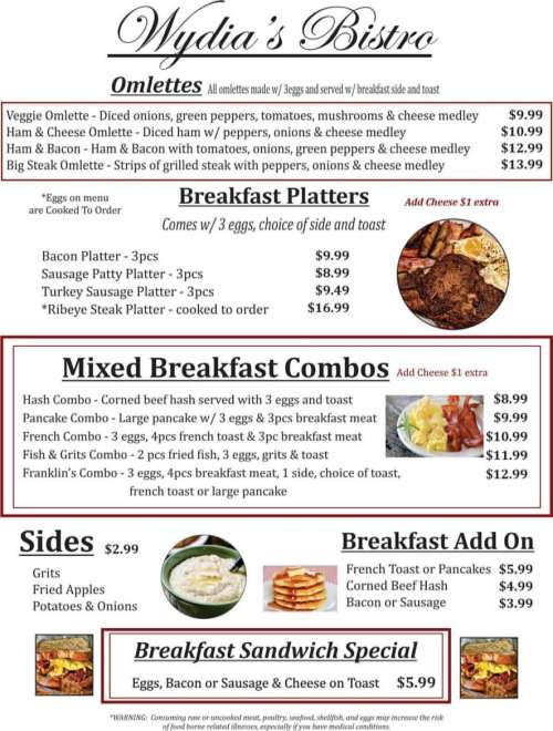 Wydia's Seafood and Steakhouse menu in Franklin, Virginia, USA