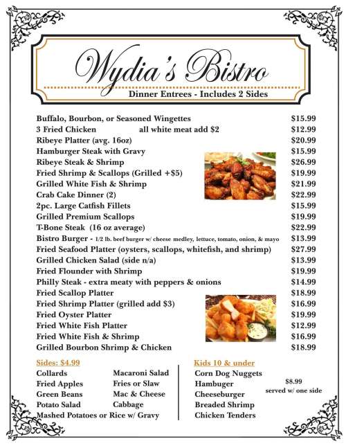 Wydia's Seafood and Steakhouse menu in Franklin, Virginia, USA