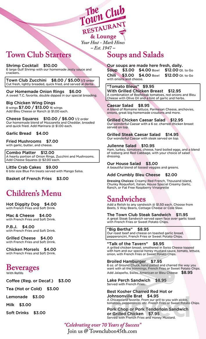 Town Club Restaurant menu in Highland, Indiana, USA