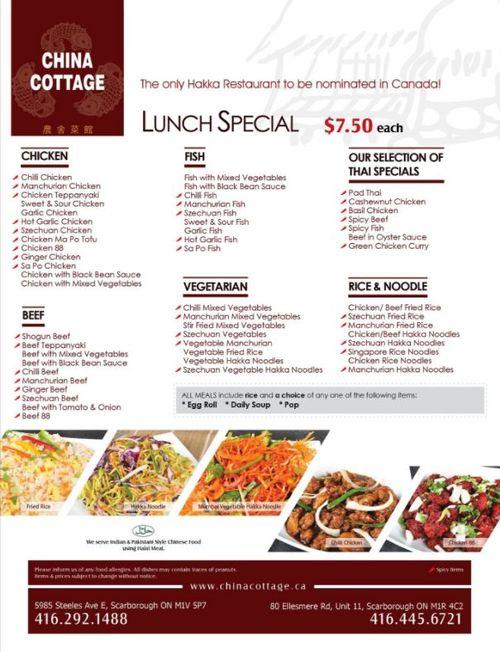 China Cottage menu in Scarborough, Ontario, Canada