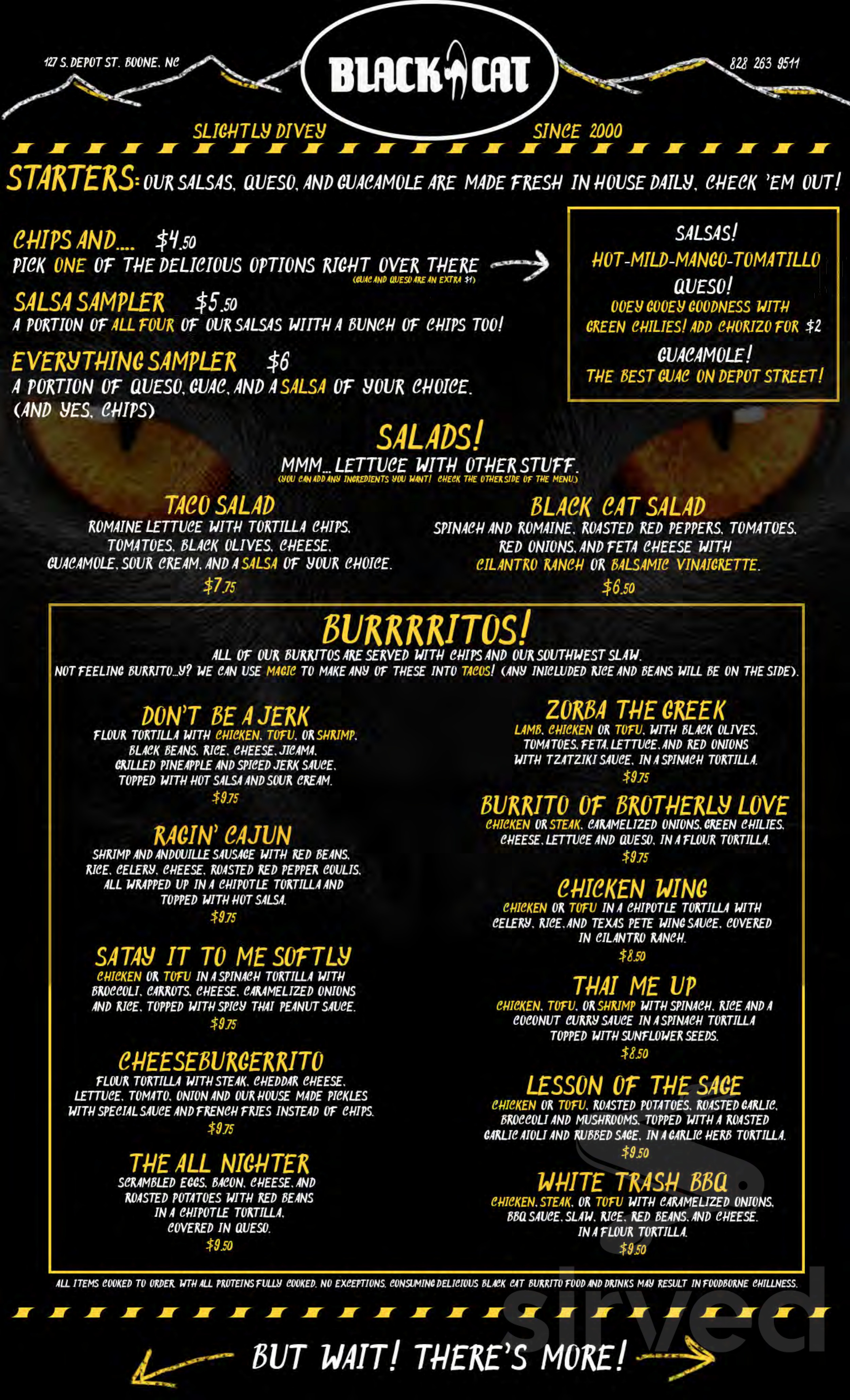 Black Cat Burrito menu in Boone, North Carolina, USA