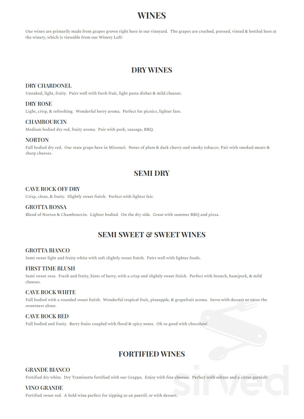Cave Vineyard menus in Ste. Genevieve, Missouri, United States