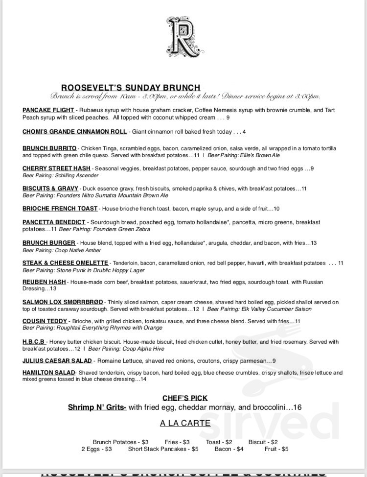 Roosevelt's menu in Tulsa, Oklahoma, USA
