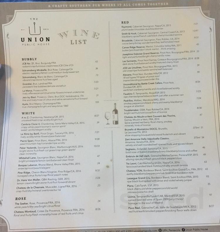 Menu - Pensacola FL's Union Public House | Sirved