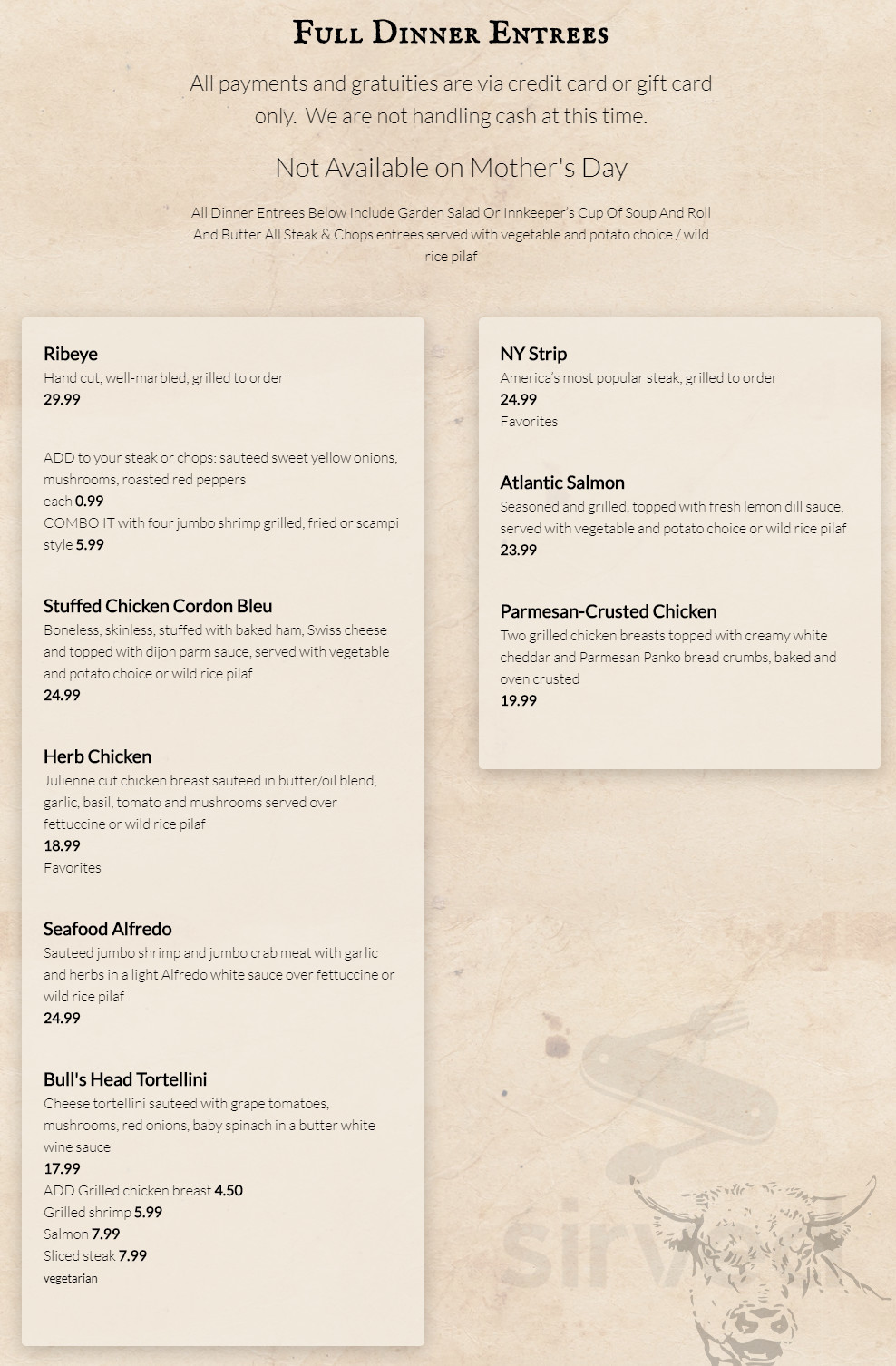 Menu - Cobleskill NY's Bull’s Head Inn | Sirved