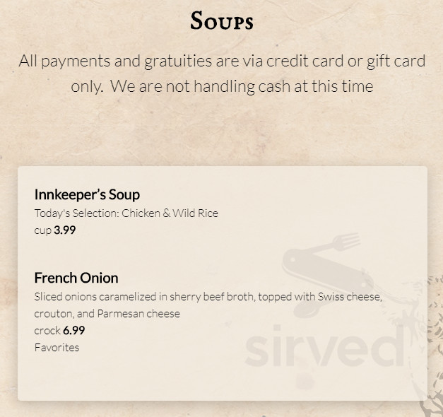 Menu - Cobleskill NY's Bull’s Head Inn | Sirved