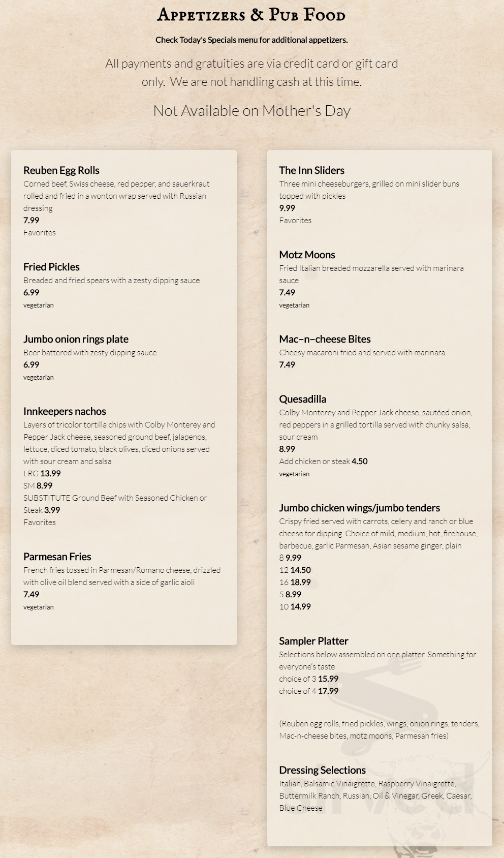 Menu - Cobleskill NY's Bull’s Head Inn | Sirved