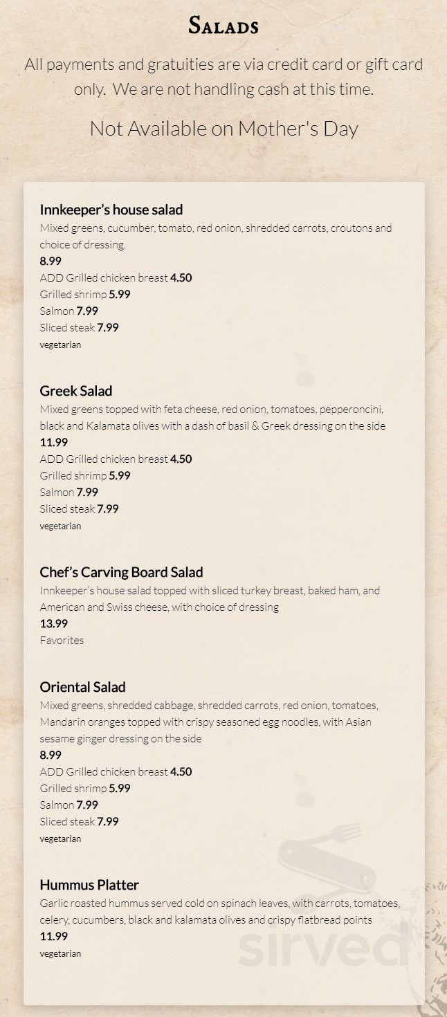 Menu - Cobleskill NY's Bull’s Head Inn | Sirved
