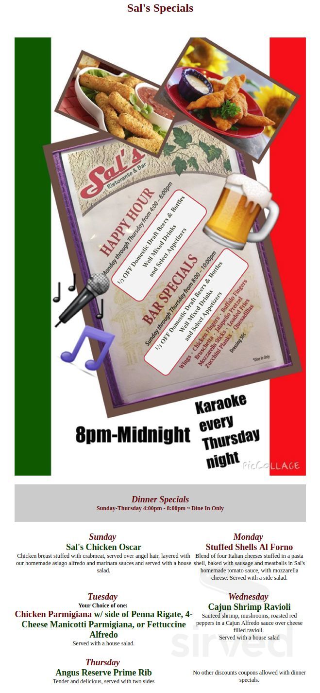 Menu for Sal's in Beaver Falls, PA | Sirved