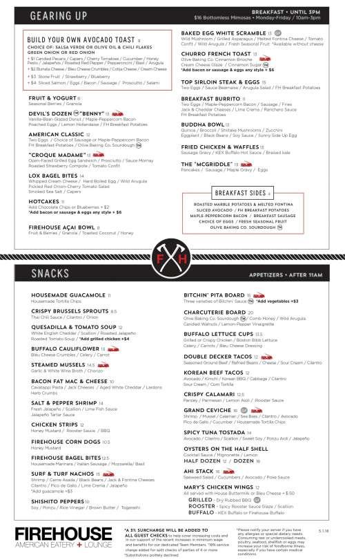 Firehouse American Eatery & Lounge menu in San Diego, California, USA