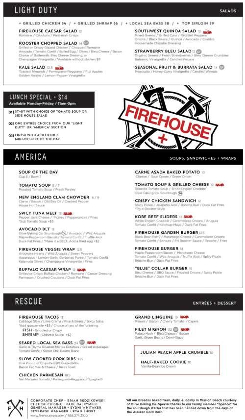 Firehouse American Eatery & Lounge menu in San Diego, California, USA