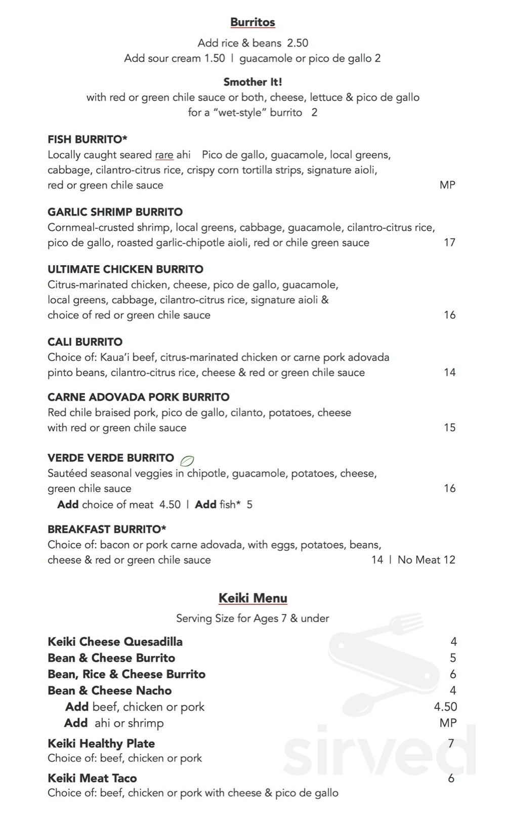 Menu - Lihue HI's Verde Restaurant Lihue | Sirved
