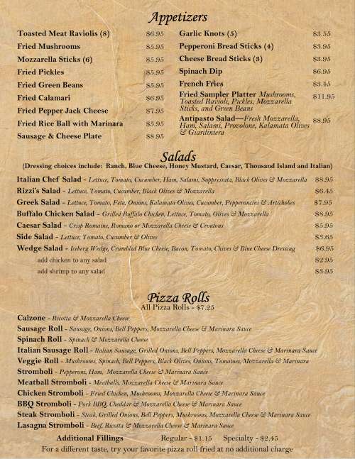 Rizzi's Pizza Cafe menu in Arlington, Tennessee, USA