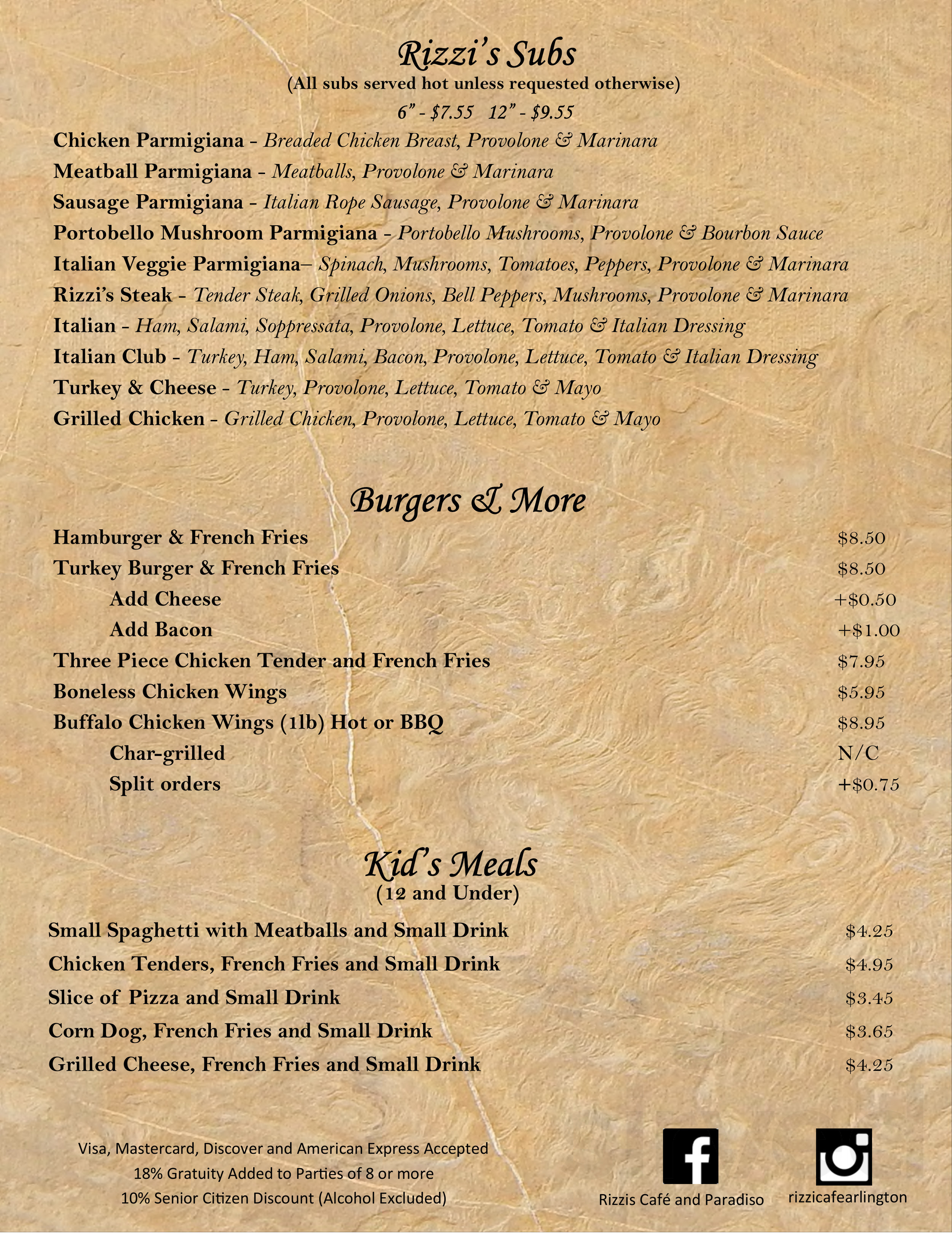 Rizzi's Pizza Cafe menu in Arlington, Tennessee, USA