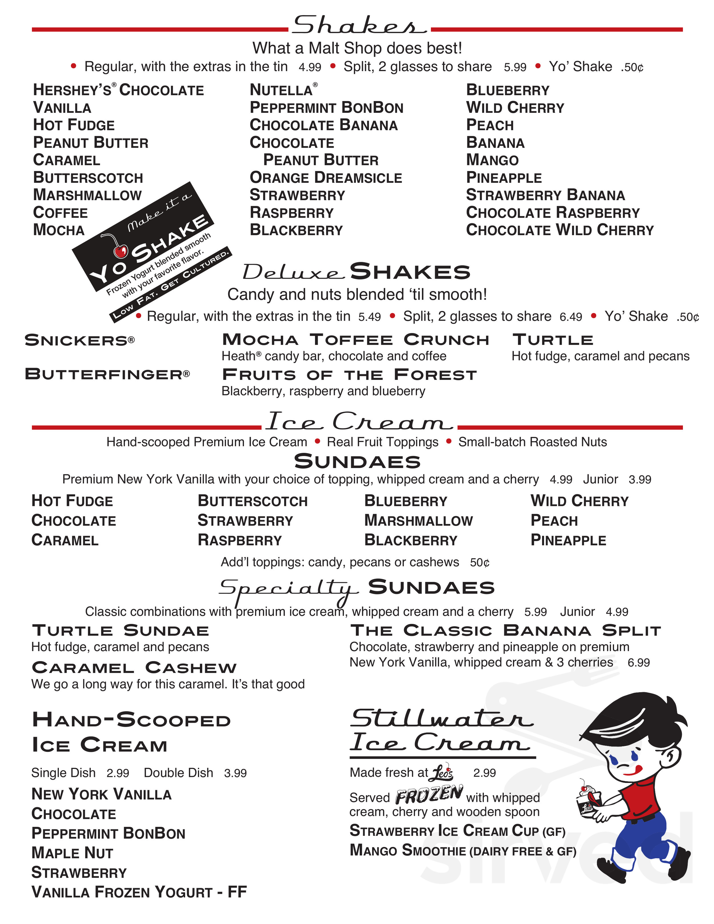 Leo's Grill & Malt Shop menu in Stillwater, Minnesota, USA