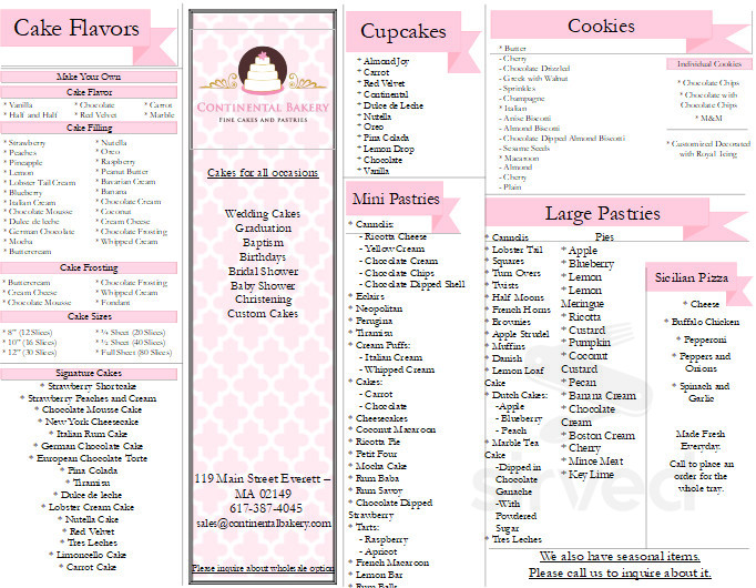 Continental Bakery menu in Everett, Massachusetts, USA