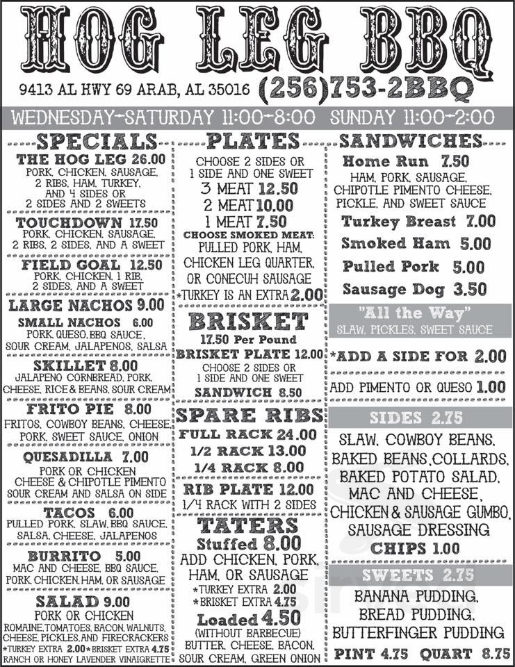 Menu for Hog Leg Barbecue in Arab, AL | Sirved