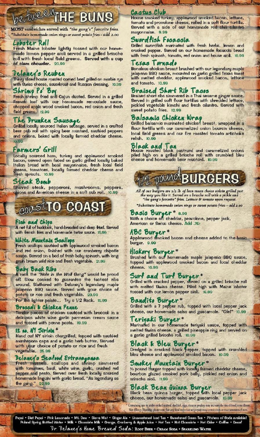 Delaney's Hole In the Wall menu in North Conway, New Hampshire, USA