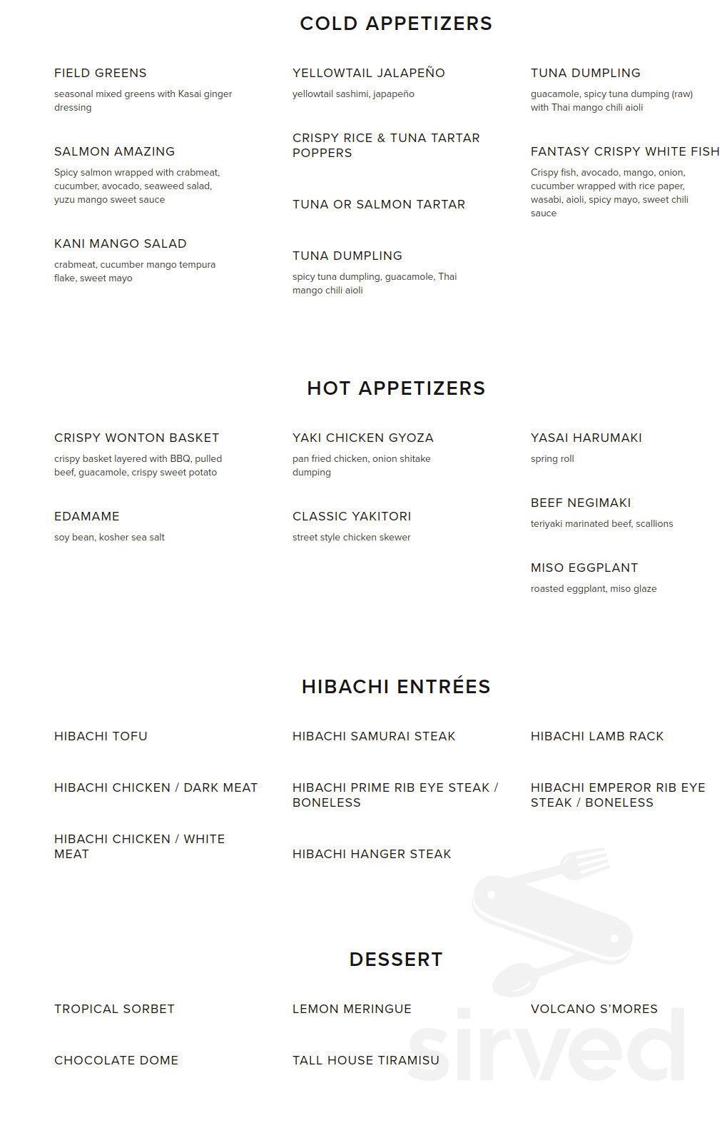 Menu for Kasai Kosher Hibachi in Brooklyn, NY | Sirved