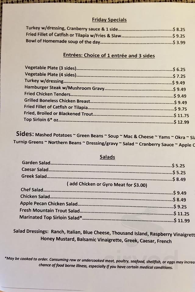 Pete's Place menu in Blue Ridge, Georgia, USA