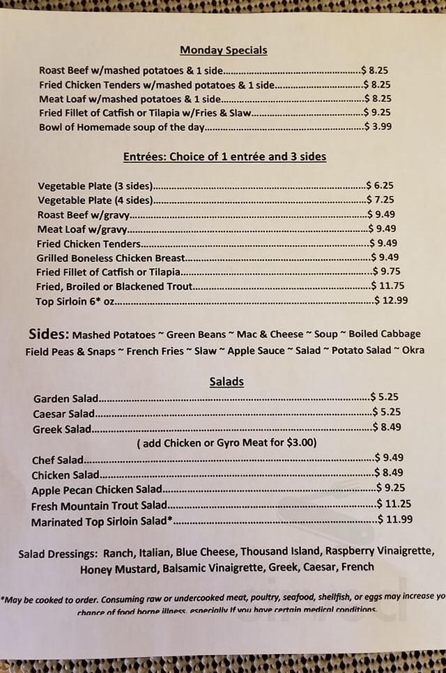 Pete's Place menu in Blue Ridge, Georgia, USA