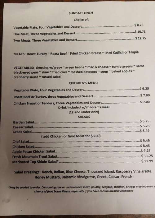 Pete's Place menu in Blue Ridge, Georgia, USA