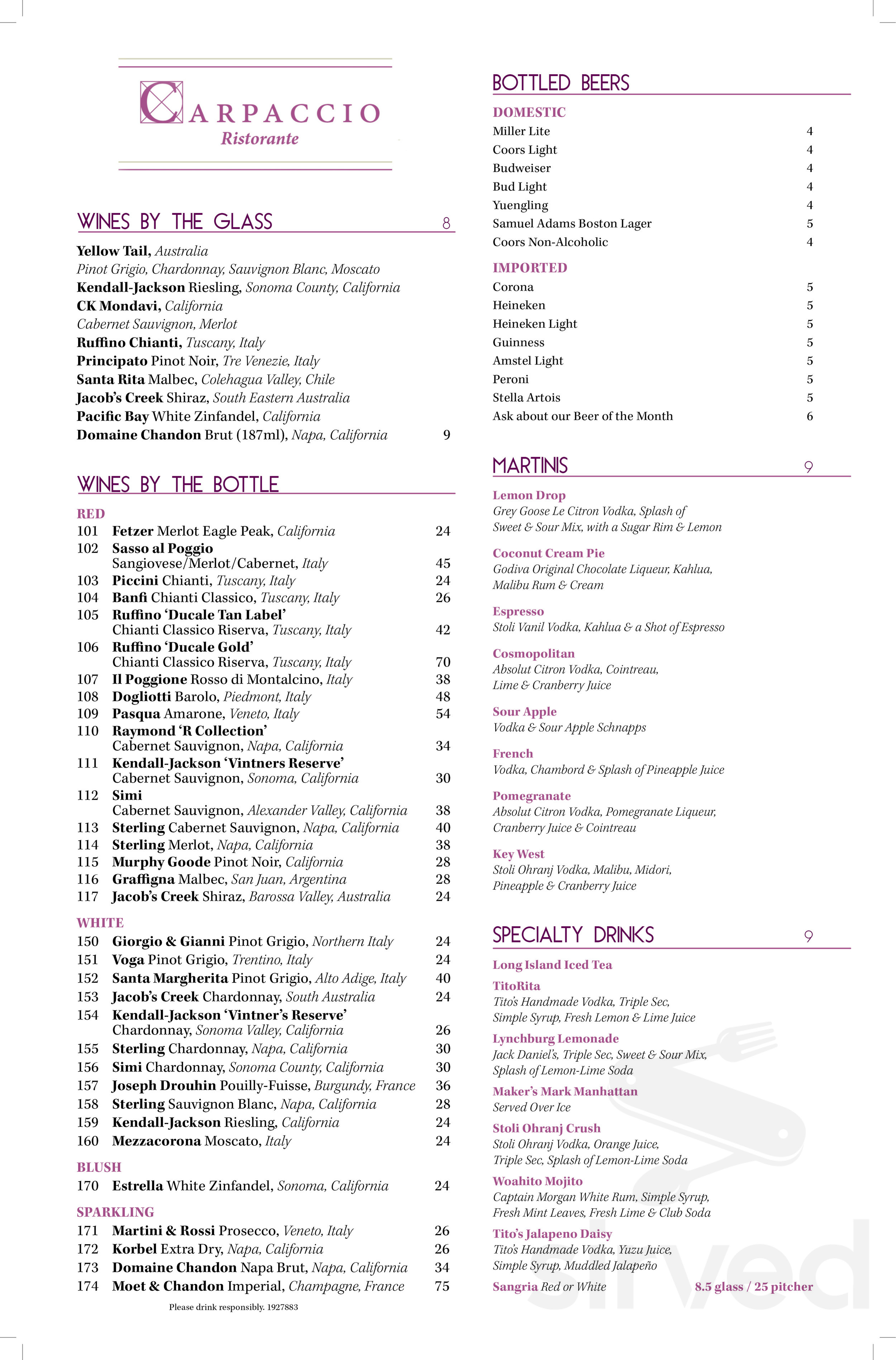 Carpaccio Ristorante menu in Middlesex, New Jersey, USA