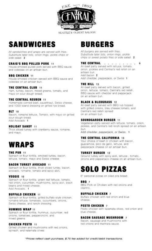 Central Saloon menu in Seattle, Washington, USA