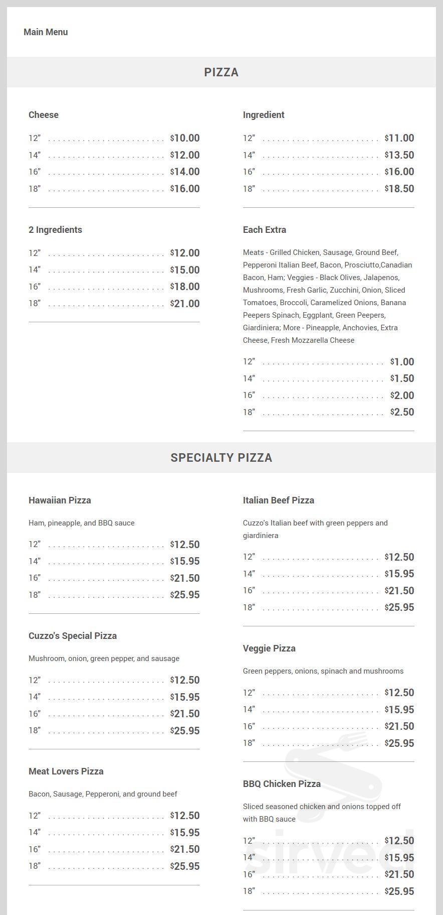 Cuzzo's Pasta, Pizza, Panini, & More menu in Oak Park, Illinois, USA