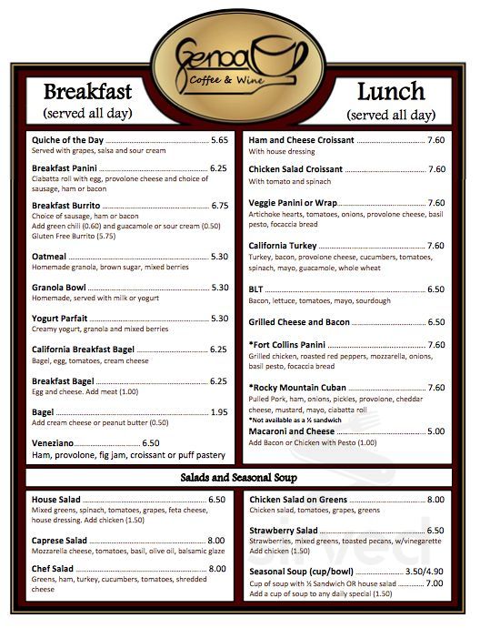 Genoa Coffee & Wine menu in Fort Collins, Colorado, USA