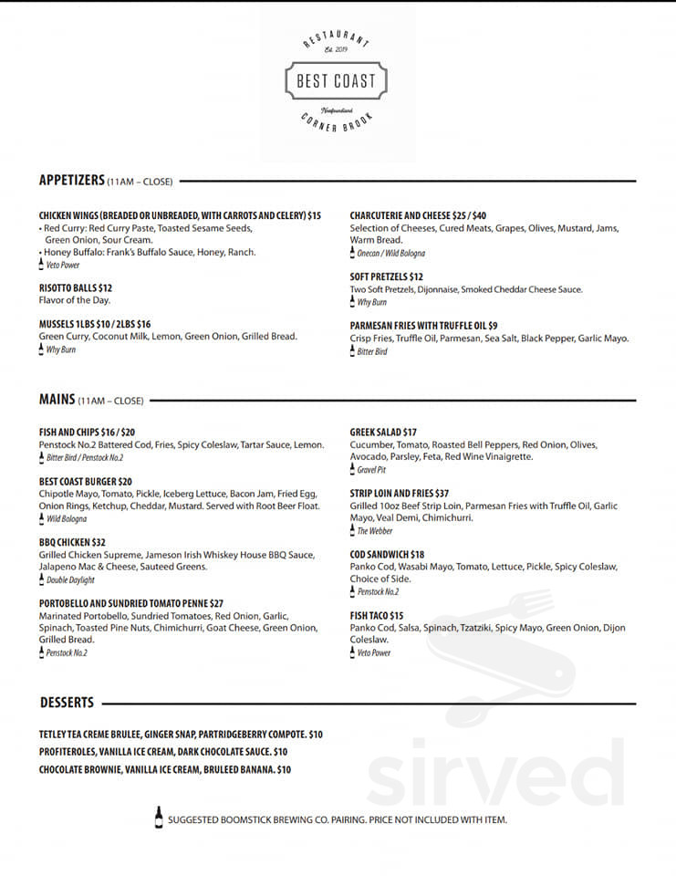 Menu for Best Coast Restaurant in Corner Brook, Newfoundland and ...